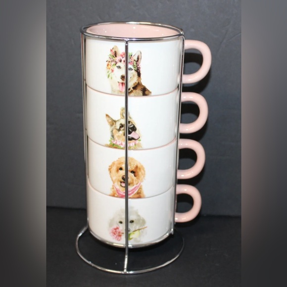 Pier 1 | Dining | Pier One Puppy Love Stackable Mugs 4 Mugs Metal Rack ...